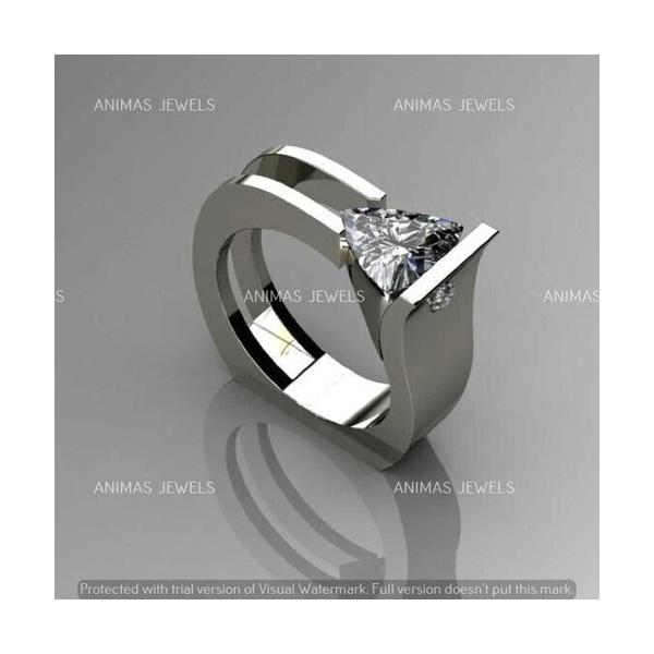 2カラット トリリオンカット ラボ合成ダイヤモンド メンズ エンゲージリング 14K ホワイトゴールドメッキ 2Ct Trillion Cut Lab-Created Diamond Men's Engagement Ring 14K Wh...
