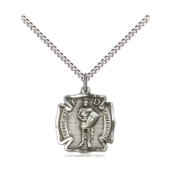 スターリング シルバーの St. Florian ペンダント、18 インチのステンレス スチール ライト カーブ チェーン付き。 Sterling Silver St. Florian Pendant with 18" Stainless ...