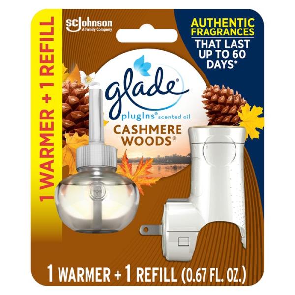 ■ 商品説明Glade PlugIns Scented Oil Starter Kitは専用ウォーマー本体とリフィルがセットになったコンセント式液体芳香剤のスターターキットですカシミアウッズ（Cashmere Woods）の香りはサンダルウ...