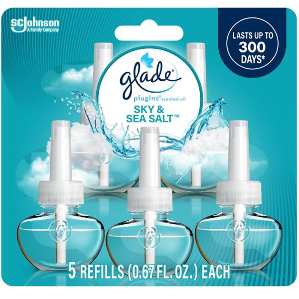 ■ 商品説明Glade（グレード）のコンセント式芳香剤、プラグインオイル詰め替え用5個セット・香りは「スカイ＆シーソルト」。海辺の潮風をイメージした清潔感のある香り・爽やかなアロマがお部屋に広がり、心地よい空間を演出します。・コンセントに差...