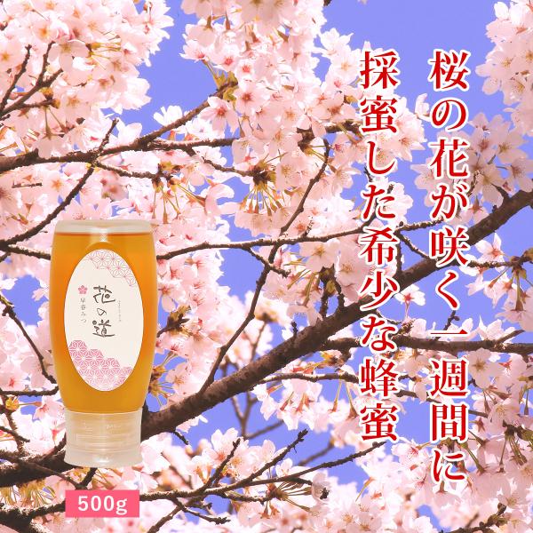 国産はちみつ花の道、早春みつ（さくら）お得な、ハニーボトル500gサイズです。早春みつ（さくら）の採蜜地は福岡県南部、八女市黒木町にある日向神ダム湖の千本桜の近くにあります。約1000本のソメイヨシノは圧巻の景色で、人気の桜スポットです。日...