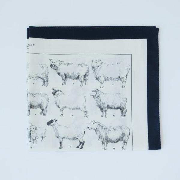 ASEEDONCLOUDから過去に使用したオリジナルプリントから選んだハンカチ・バンダナシリーズ。Sheepは"wok permit 6 牧童着"で使ったプリントで、洋服に使われる羊毛の羊29種と最後（30番目）に羊に紛れて羊を追いかけるシ...