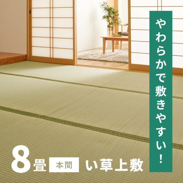 ■特徴天然い草がもつ湿度調整機能でサラリと爽やかな肌触り。織りが等間隔な「双目織り」なので、見た目も美しく、汚れにくいのが特徴です。なかなか変えられない古くなった畳の上に敷いたり、新調した畳の日焼け防止や汚れ防止など、上敷きを使って畳を保護...