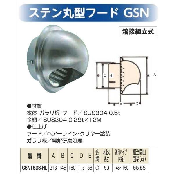 品名　ステン丸型フードGSN品番　GSN150S-HL●材質本体・ガラリ板・フード／ SUS304 0.5t金網／ SUS304 0.29t×12M●仕上げフード／ヘアーライン・クリヤー塗装ガラリ板／電解研磨処理