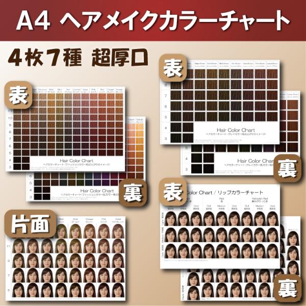【商品概要】ヘアカラー・口紅・アイシャドウの色を表現したヘアカラーチャート・メイクカラーチャート(厚紙)の4枚7種のセットです。4枚をそれぞれ単独で購入されるよりお得なセットです。ヘアカラーやメイクアップの教育・提案・ガイドライン作成などに...