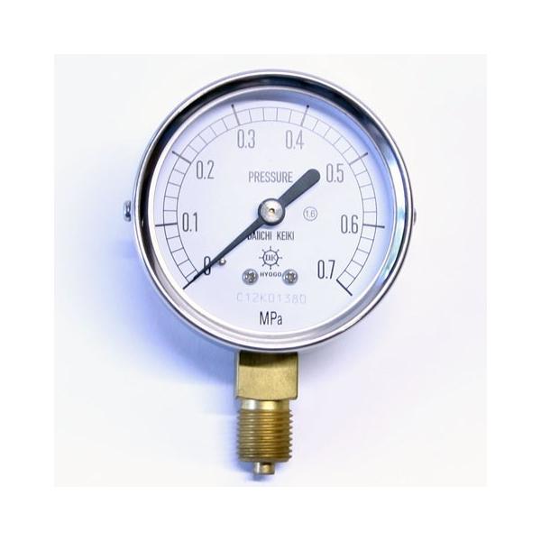 測定範囲は0〜0.7MPa目盛板の大きさは60φ、接続ネジはG1/4B（PF）空圧、油圧、その他の一般圧力測定用として製作された兼価版の圧力計JIS規格に基づいて製造された、品質・性能の安定した製品