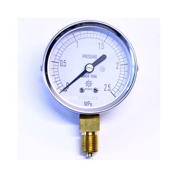 測定範囲は0〜2.5MPa目盛板の大きさは60φ、接続ネジはG1/4B（PF）空圧、油圧、その他の一般圧力測定用として製作された兼価版の圧力計JIS規格に基づいて製造された、品質・性能の安定した製品