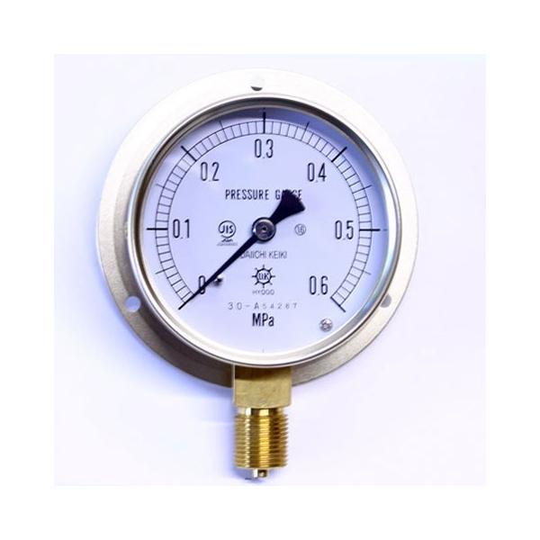 測定範囲は0〜0.6MPa目盛板の大きさは75φ、接続ネジはG3/8B（PF）、縦型つば付き空圧、油圧、その他の一般圧力測定用として製作された兼価版の圧力計JIS規格に基づいて製造された、品質・性能の安定した製品