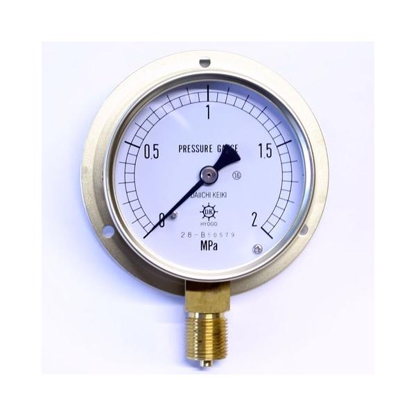 測定範囲は0〜2MPa目盛板の大きさは75φ、接続ネジはG3/8B（PF）、縦型つば付き空圧、油圧、その他の一般圧力測定用として製作された兼価版の圧力計JIS規格に基づいて製造された、品質・性能の安定した製品