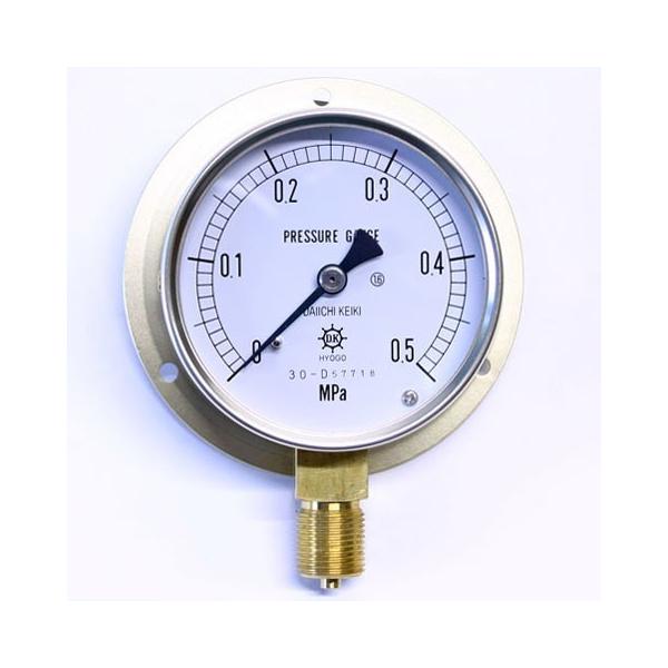 測定範囲は0〜0.5MPa目盛板の大きさは75φ、接続ネジはG3/8B（PF）、縦型つば無し空圧、油圧、その他の一般圧力測定用として製作された兼価版の圧力計JIS規格に基づいて製造された、品質・性能の安定した製品