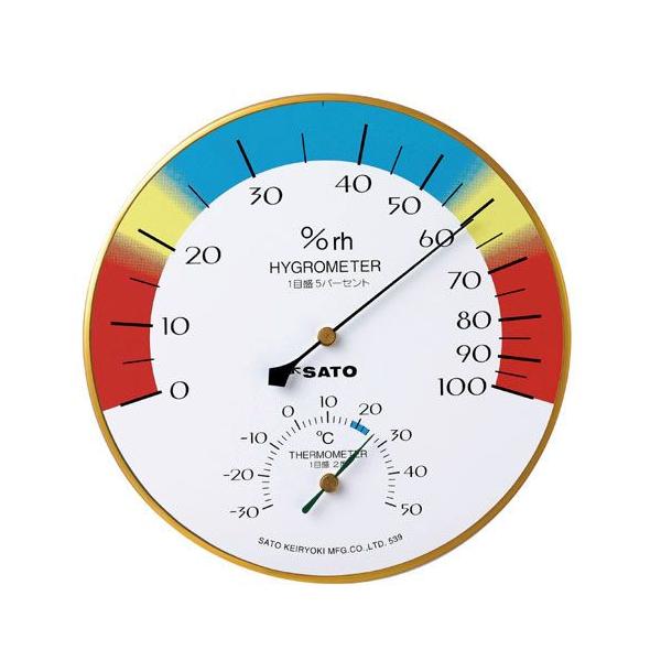 佐藤計量器製作所のメロディー温湿度計は、湿度をメイン表示としたバイメタル式の温湿度計です。金属枠を採用しており、温室、ビニールハウスなどの温湿度管理の目安にご活用いただけます。直径は150mmで、壁掛け式です。