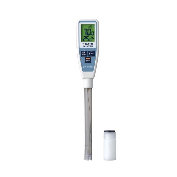 送料・代引手数料無料！　佐藤計量器製作所のSK-670PHは、細長のセンサ部が特徴で、発酵工程の管理や水質管理に役立つ温度計機能がついたペンタイプのpH計です。SK-670PHの測定範囲は2.00〜12.00pH、温度は0.0〜50.0℃。...