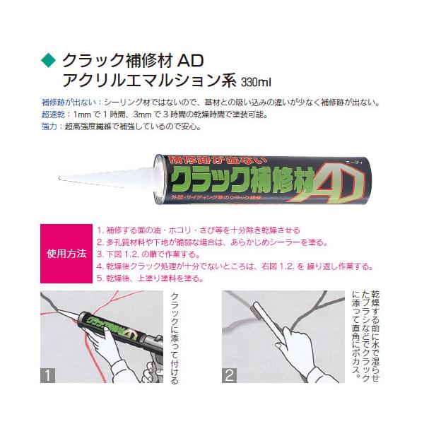 【内容量】 330ml【梱包数量】 1本/箱補修跡が出ない：シーリング材ではないので、基材との吸い込みの違いが少なく補修跡が出ない。超速乾：1mmで1時間、3mmで3時間の乾燥時間で塗装可能。強力：超高強度繊維で補強しているので安心。