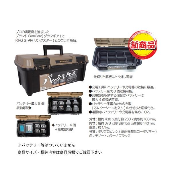 【型番】BTC-430【サイズmm】L430×W230×H180 【梱包数量】 1個/箱プロの満足度を追求したブランドGranGear (グランギア)とRING STAR (リングスター)とのコラボ商品。・バッテリー4個+充電器収納・バッテ...