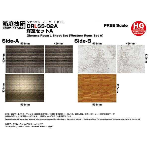 ■サイズ：ベース：574×420mm 　背面：574×420mm 　側面：420×420mm■内容：ベースシートｘ1枚、背面壁シートｘ1枚、側面壁シートｘ1枚、固定用両面テープ両面印刷、コーティング加工済みで2パターン楽しめます。壁と床シー...