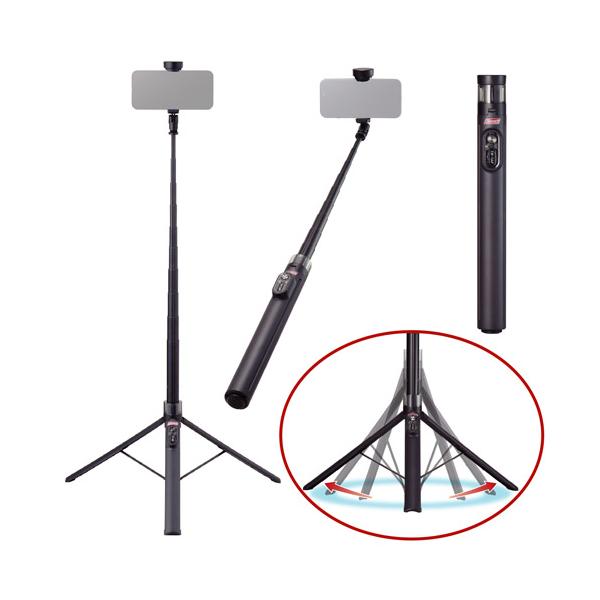 ポンと置くだけで自動で脚がパッと開く！新機構を搭載した168cmまで伸ばせるロングタイプのセルフィースタンド。【商品仕様】全高：約1680mm（スタンド時）、約1650mm（自撮り棒時）縮長（収納状態）：約297mmグリップ径/段数：約38...