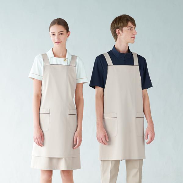 落ち着いた配色のコードパイピングがシックな印象のエプロンです。軽い力で伸び、優れたストレッチバック性を持つ2WAY素材により、身体の接触冷感と立体組織による高い通気性により着心地の良さを提供します。細やかな動きにも対応できる高機能ストレッチ...