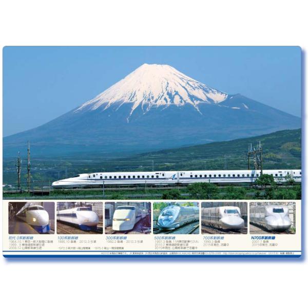 富士山の麓を走るN700Aと歴代の新幹線の写真入り。JR東海承認済、JR西日本商品化許諾済紙(アートポスト紙）をPET材で挟んだ下敷です。（耐水性はありません）