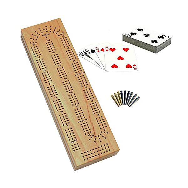 「商品情報」A solid wood, 3 track, cabinet cribbage set with cards and easy-grip metal pegs. This hinged board includes card a...