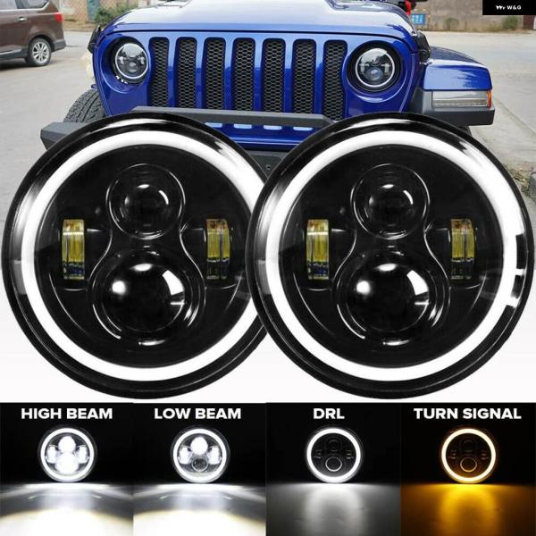 2個 車用 7インチ LED ヘッドライト HI/LOW H4 ハロ アングルアイ アーバン ハーレー BMW ジープ JK 4X4 サムライ ジープ ラングラー オフロード カスタム パーツ アクセサリーCertification:ceV...