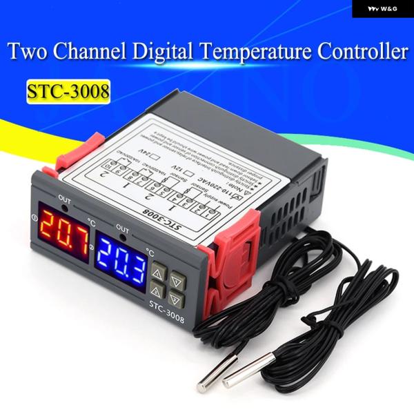 デュアルデジタル温度 コントローラ ー 2 系統出力サーモスタット サーモレギュレーター 10A 暖房/冷房 STC-3008 12V 24V 220V カスタム パーツ アクセサリーBattery Included:NoHigh-conc...