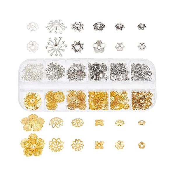 PH PandaHall ビーズキャップ 花座 約313個 合金＆真鍮 12種 座金 菊座透かしキャップ 透かしパーツ スペーサービーズ フラワー チャーム アクセサリーパーツ ジュエリー用 手芸用品 手作り 混合色商品コード：550575...