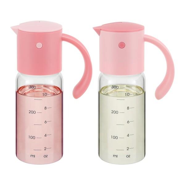 VKCHEF オイルボトル 醤油差し ピンク色 液だれしない 300ml 耐熱ガラス ステンレス オイルポットオイル 油容器 片手 自動開閉 油差し ビネガー 液だれしないボトル 調味料入れ 調味料ボトル 家庭キッチン用 料理用 弁当用 2...