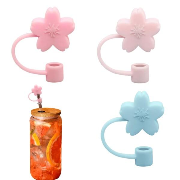 Liroyal ストローキャップ (3pcs) シリカゲルストローカバー ストローチップカバー シリコン製 耐久性 漏れ防止 防塵防滴 再利用可能な かわいい さくら 装飾用 飲用 インテリア用 適用7-8 mmストロー (ライトブルー+ラ...