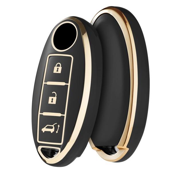(OATSBASF) 日産 キーケース NISSAN ソフトTPUフルカバー 保護 セレナ マーチ エルグランド スカイラインなどに適用 インフィニティ（3ボタン） スマートリモートキーレス キーケース (金縁ブラック)商品コード：5507...