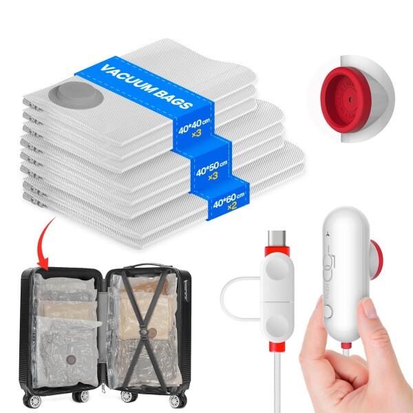 Vacbird 圧縮袋 旅行用 衣類圧縮袋 8枚入 USB 電動ポンプ付き 40*40 *3枚 /40*50 *3枚 /40*60 *2枚 衣類収納 真空収納袋 USBポンプ 吸引機 収納袋 小物収納 防臭 防塵 防湿 防カビ 高密封性 圧...