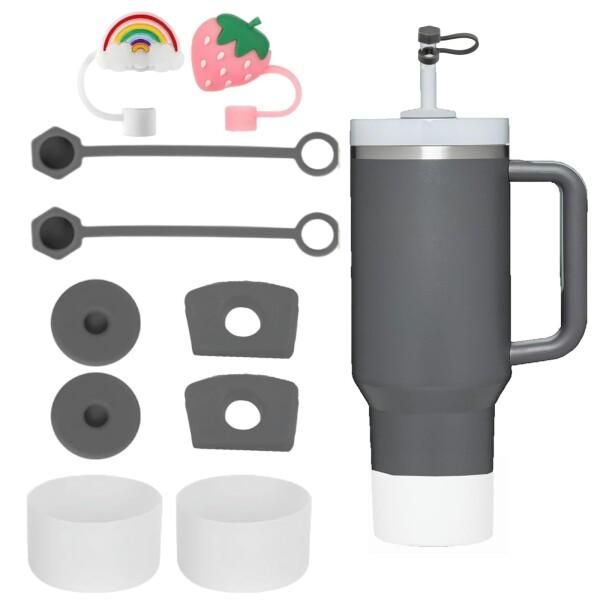CONQUERALL 灰色のストロー キャップこぼれストッパー漏れストッパー シリコーン スリーブ ユニバーサル交換スタンレー カップ アクセサリー商品コード：55073581494サイズ：シリコンブーツ+ストローキャップ+漏れ止めカラー：...
