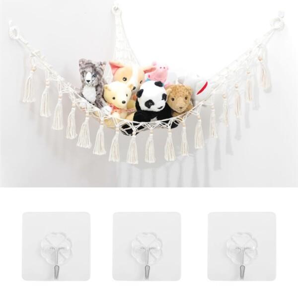収納ハンモック ぬいぐるみ 収納 ハンモック 収納ネット ぬいぐるみ 収納 吊り下げ式 三角手編み綿ロープ コーナーネット 子供部屋収納 片付け 部屋 保育園 お風呂 室内用 取り付け簡単 3つの粘着フック付き(D)商品コード：550736...