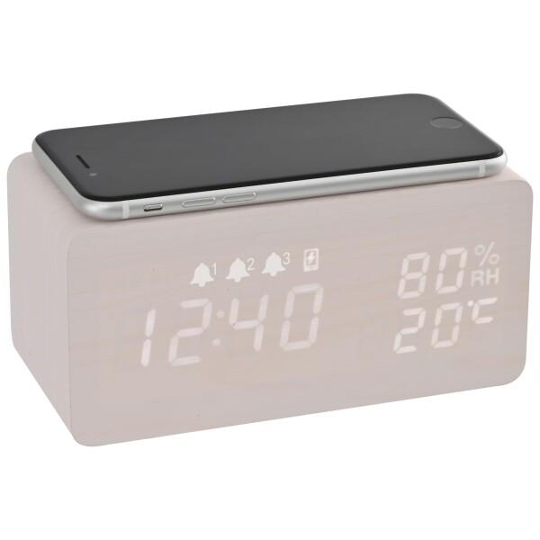 Electime 置き時計おしゃれ 目覚まし時計 スマホ充電 デジタル時計 木目 卓上時計 Qiワイヤレス充電器 温度/湿度/アラーム 自動輝度調節 USB給電 技適認証/Qi認証 (白)商品コード：55075432793型番：412-WH...