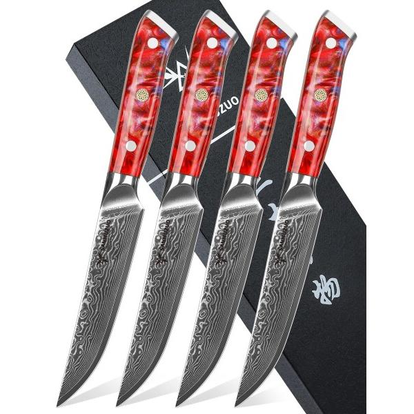 SANMUZUO Steak Knives Set of 4, Ultra Sharp Non Serrated Kitchen Steak Knife 5 Inch - Damascus Steel &amp; Resin Handle ...
