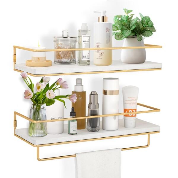 HASONA ウォールシェルフ 壁掛け棚 2個セット 壁 棚 ラック 小物落下防止 天然木製 おしゃれ 幅40cm 洗面所/ランドリールーム/キッチン/トイレ 省スペース 取り付け簡単 タオルバー付き ホワイト-ゴールド商品コード：5507...