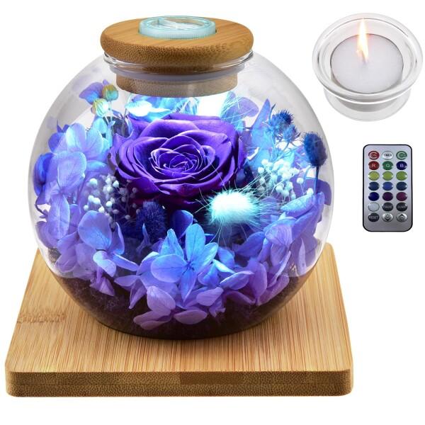 プリザーブドフラワー ピンク (ブリザードフラワー) ガラスドーム 2WAY キャンドルホルダー &amp; LEDライト付き リモコン操作  枯れない花 退職祝い 女性 母の日 インテリア 記念日 (紫)商品コード：55076263414...