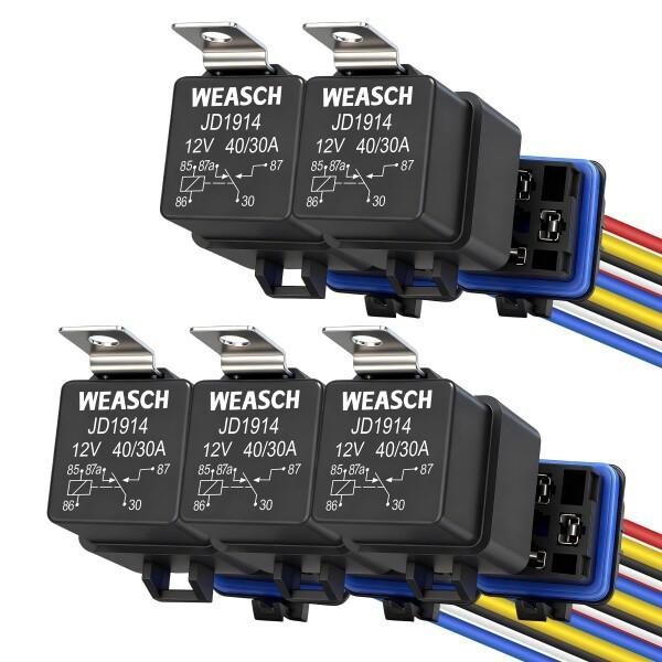 Weasch 防水リレーキット, 12V 40A, 5ピンSPDT, 高耐久14AWG錫メッキ銅線, 自動車用リレーおよびハーネスセット, 自動車, 船舶, ボート用商品コード：55076300510型番：820Q-JD1914-12V定格...