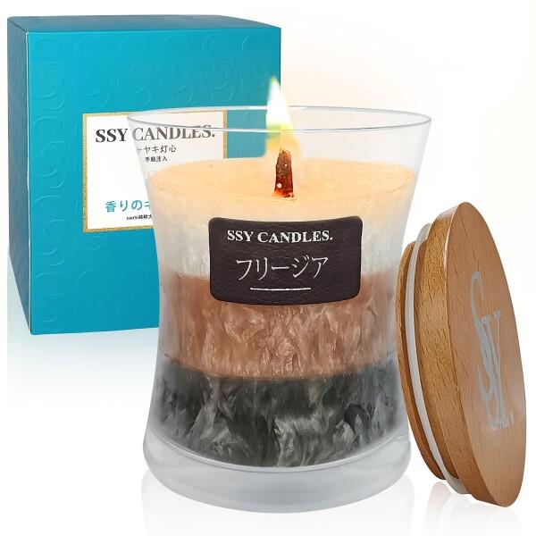 FCMSHAMD アロマキャンドル L ジャーキャンドル フリージアの香り アロマ ろうそく ロウソク 木の芯 ガラスの瓶 3層のカラー フレグランス ギフト パチパチ音 (black-brown-white)商品コード：550763293...