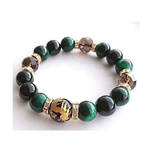 (BLESSING M'style) 天然石 パワーストーン ブレスレット メンズ  五本爪皇帝龍金彫り オニキス グリーンタイガーアイ スモキークォーツ 64面カット ロゴ入り スエード調高級巾着袋付き商品コード：55076518980サ...