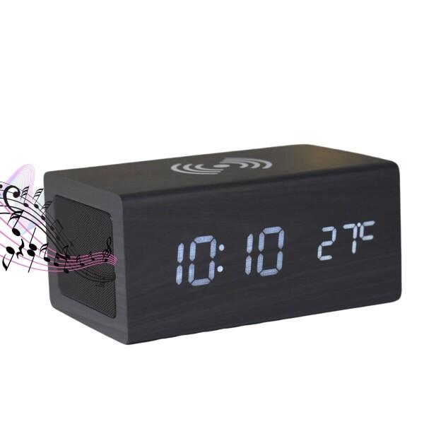 DEMI LOUS. スピーカー時計 スマホワイヤレス充電 めざまし時計 おしゃれ インテリア 置時計 温度計付き Bluetooth 5.0 スピーカー付き USB給電式 木目調 和風 Qi国際規格 電波法認証取得済み USB給電 (スタ...