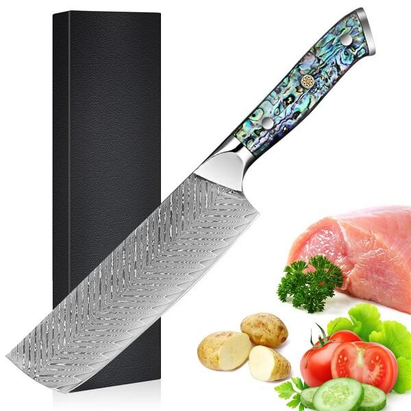 Utaki 両刃野菜包丁 67層流砂紋ダマスカス  ダマスカス菜切包丁 アワビ貝+樹脂のハンドル商品コード：55076636990型番：Utakiサイズ：180 mmカラー：1【Undine・ウンディーネV】 【全長】約310mm 【刃渡り...