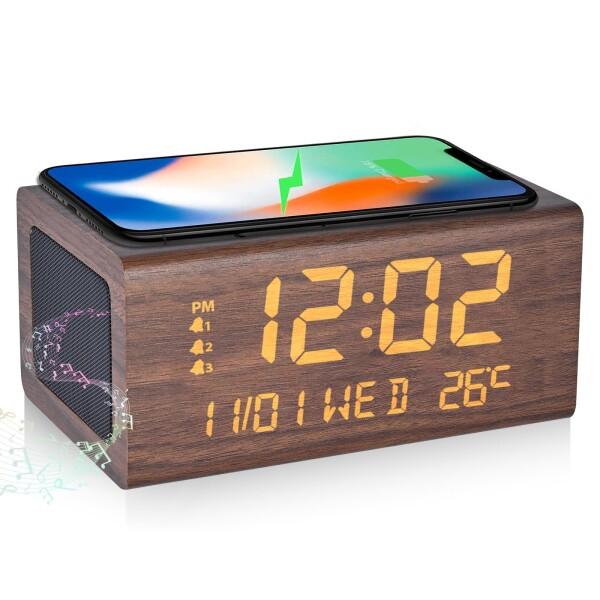 目覚まし時計 文字大きい みやすい bluetooth5.0 スピーカー 置き時計 ワイヤレス充電 多機能時計 Qi スマホ ワイヤレス充電器 温度計 温度/日付き/曜日表示/3組アラーム 自動輝度調節 おしゃれ USB給電 技適認証 お祝...