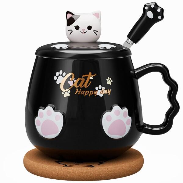 マグカップ蓋とスプーン付き 陶器 猫 コップ コーヒーカップ・マグ かわいい猫 誕生日プレゼント（ホワイト） (ブラック)商品コード：55077267721型番：SDMB003サイズ：幅14.8センチメートル、高さ17.7センチメートルカラ...
