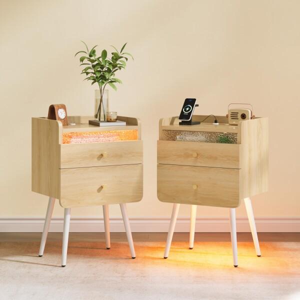 Pinmoco ベッドサイドテーブル サイドテーブル 引き出し付き ナイトテーブル 幅40×奥行30×高さ64cm USB-A&amp;USB-Cポート付き LEDライト付き おしゃれ 転倒防止 木製 ベッド横 ソファ横 リビング (2個セ...