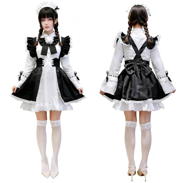 (IRIWA) メイド服 コスプレ 男性用 女性用 萌え コスチューム 仮装 ハロウィン クリスマス パーティー メイド喫茶 ワンピ エプロン カチューシャ ニーハイ リボン ５点セット (女性M)商品コード：55077475833サイズ：...