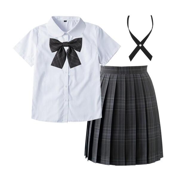 (SYRHSYB) コスプレ 制服 セット jkスカート 丈48cm ４点セット 女子学生服 上下セット 半袖 丸襟 長袖 白いシャツ＋蝶結び＋クロスタイ＋チェックスカート 写真撮影 パーティー衣装 遊園地 学園祭 文化祭 卒業式商品コード...