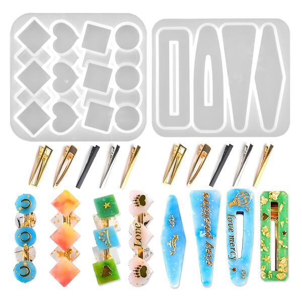 MAEXUS シリコンモールド ヘアクリップ ヘアピン6種類 長方形 三角形 丸 ハート 四角 金具クリップ10個付き ｕｖ レジン 型 エポキシ樹脂 ソフトモールド ハンドメイド DIY 樹脂 工芸品 作成 半透明商品コード：550774...