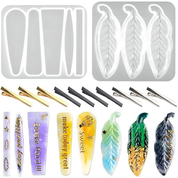 MAEXUS シリコンモールド ヘアクリップ ヘアピン6種類 長方形 葉型 金具クリップ10個付き ｕｖ レジン 型 エポキシ樹脂 ソフトモールド ハンドメイド DIY 樹脂 工芸品 作成 半透明商品コード：55077479239型番：31...