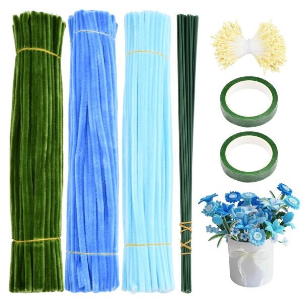 手芸モール 工作 モール セット モール 造花 作成キット カラーモール 300本 花束 手作りキット 手芸素材 造花の茎 20本入とフラワーテープ 緑2巻と造花のおしべ約400個付き DIY 飾り物 学校 手芸用 誕生日 母の日 バレンタ...