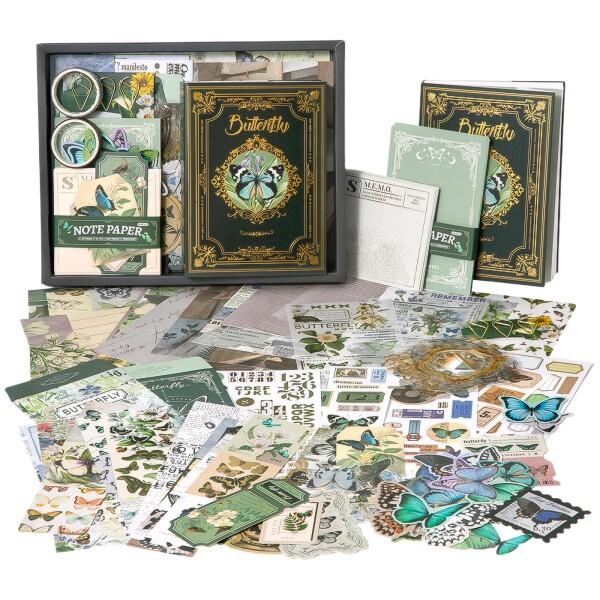 日記帳 セット 手帳 セット スクラップブッキング キット 蝶 DIY A6 ノート 方眼 厚手 マスキングテープ ステッカー おしゃれ 背景紙 手帳 素材 プレゼント 女の子 子供 小学生 進学 新学期 文房具 卒業記念品商品コード：55...